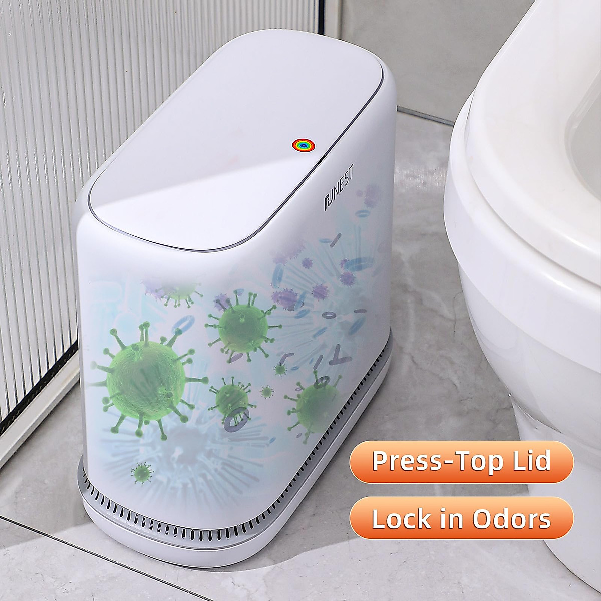 funest Bathroom Trash Can, 3 Gallon Slim Trash Can with Lid, Adsorption Garbage Can with Press-Top Lid, White Narrow Plastic Trash Bin for Bathroom, Office, Bedroom, Living Room