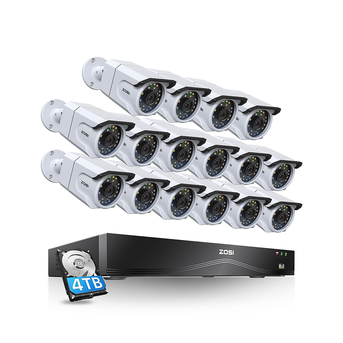 ZOSI 24CH 4K PoE Security Camera System with 4TB HDD,16pcs 8MP Outdoor Audio IP Cameras,Night Vision,Person Vehicle Detection,Smart Light Siren,Dual Disk Backup,4K 16 Port 24CH NVR for 24/7 Recording