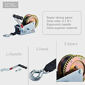 OPENROAD Boat Winch 3200lbs Hand Winch, with 32ft Black Strap and 2 Speed switchable, for Boat Trailer Towing Winch