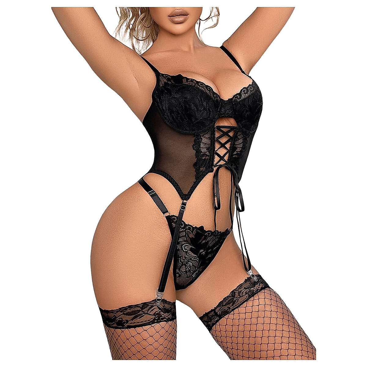 SOLY HUX Women's Sexy Garter Lingerie Set Lace Exotic Naughty Underwire Corset with Stockings 3 Piece Sets Pure Black XS