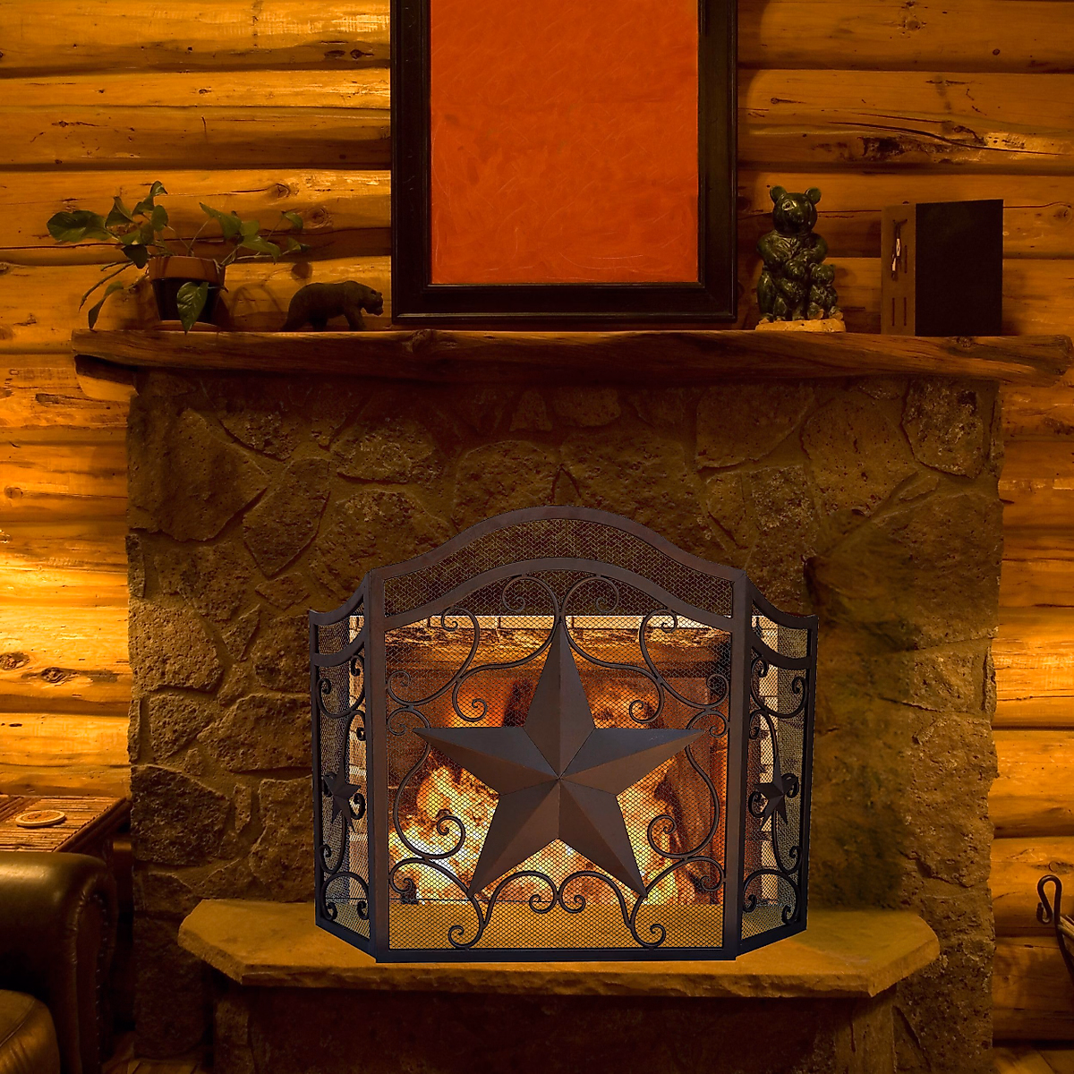 BestGiftEver 3-Panel Fireplace Screen Decorative with Stars & Scrolls Detail - Stand Alone Fireplace Cover Metal Mesh Screen - Home Decor for Cabin, Lodge, and Rustic Country Style Firescreen