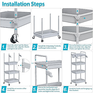 SPACEKEEPER Rolling Storage Cart, 4-Tier Bathroom Organizer Utility Cart Laundry Room Organization Mobile Shelving Unit with Towel Rack, Lockable Wheel, Hooks & Cup for Kitchen Bedroom Office, Grey