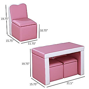 Qaba Kids Sofa Set 2-in-1 Multi-Functional Toddler Table Chair Set 2 Seat Couch Storage Box Soft Sturdy Pink