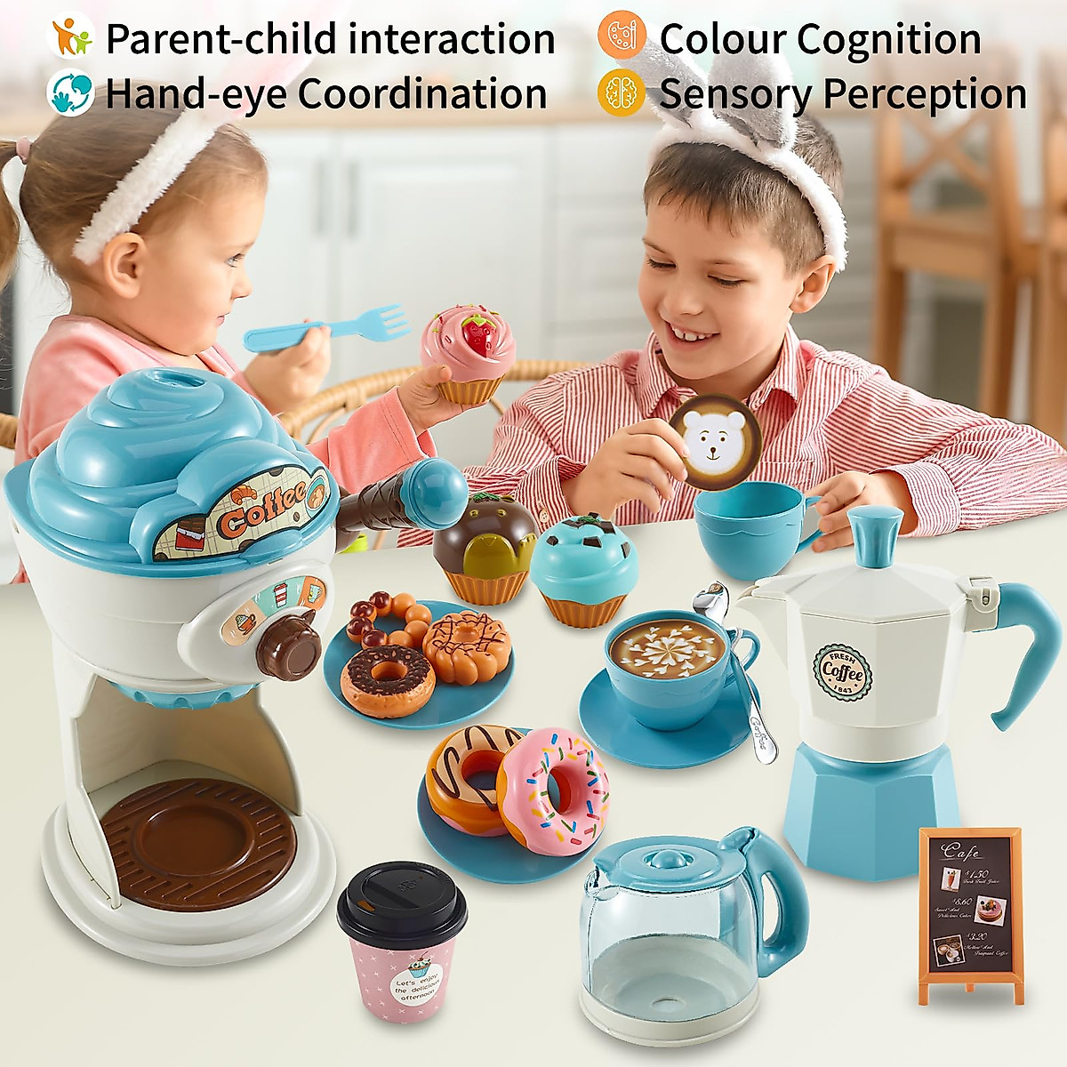 Ice Cream Tea Party Play Set for Kids Role Play, Dessert Coffee Toys, Create Sweet Treats and Brew Coffee in Style Play House, for Boys Girls 3 4 5 6 Years Old, Birthday Gifts, Class Rewards,Christmas