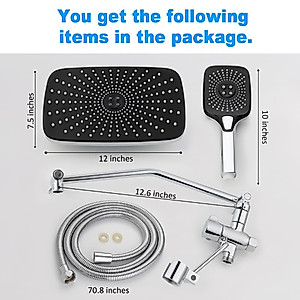 CyberWater 12 Inch Shower Head with Handheld Spray Chrome Built-in Power Wash Mode 3-way Diverter with Pause Setting, Adjustable Extension Shower Arm, 71 Inches Stainless Steel Hose
