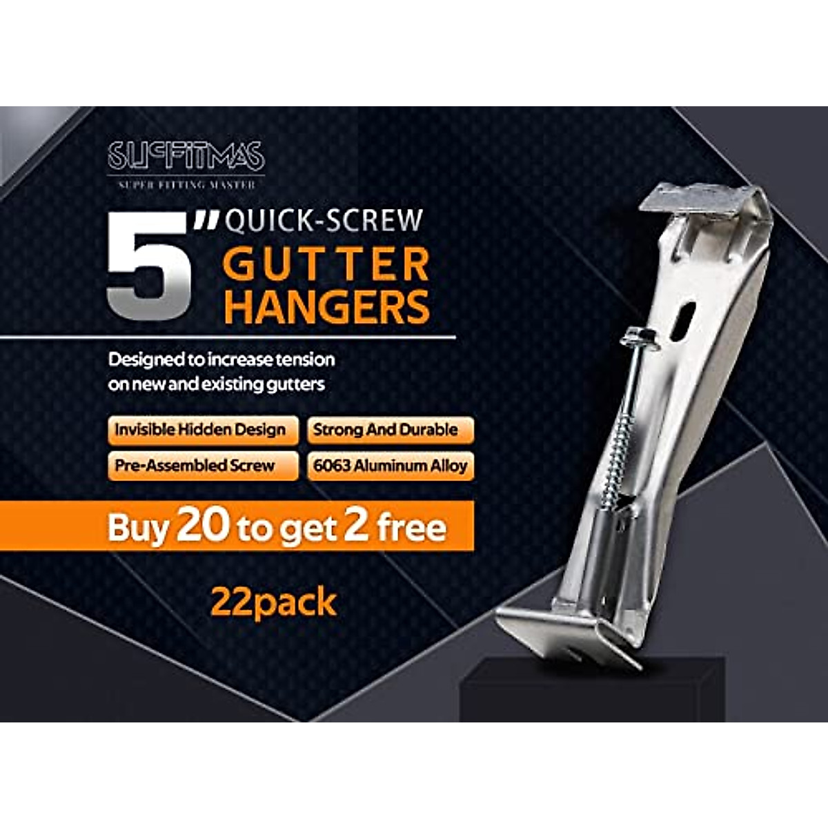 SUPFITMAS Gutter Hangers, 5 inch 22 Pack (+10% Quantity and a Free nut Driver), Premium Hidden Rain Gutter Guard Bracket Hook Accessories with Screw Clip Style, Reinforce Gutters