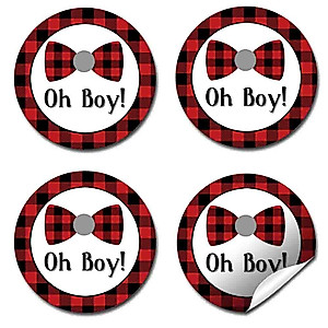 Little Man Bow Tie Buffalo Plaid Suspenders Baby Sprinkle Baby Shower Thank You Sticker Labels for Boys, 40 2" Party Circle Stickers by AmandaCreation, Great for Party Favors, Envelope Seals & Goodie