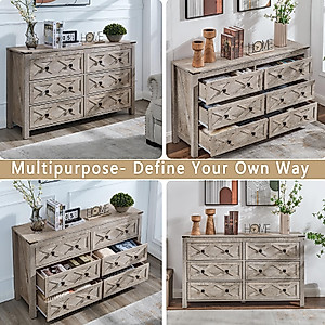 GIAJORYA 6 Drawer Dresser, 54" Wide Wood Chests of Drawers, Double Dresser for Bedroom, Grey Dresser TV Stand Organizers for Entryway, Clothes Dresser, Accessory Storage Cabinet, Light Rustic Oak