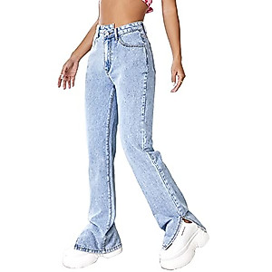 WDIRARA Women's Asymmetrical High Waist Split Side Jeans Long Denim Pants Light Wash M
