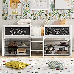 Kids Low Loft Bed with Storage, Twin Loft Bed with Two Movable Shelves and Ladder, Wooden Loft Bed with Decorative Guardrail Chalkboard, for Kids Girls Boys - White