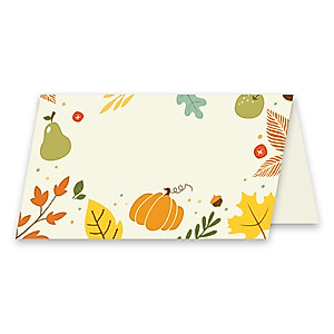 Koko Paper Co Thanksgiving Place Cards with Pumpkin and Autumn Foliage. Pack of 50 Tent Style Cards for Thanksgiving and Other Fall, Autumn Events. No Holder Necessary.