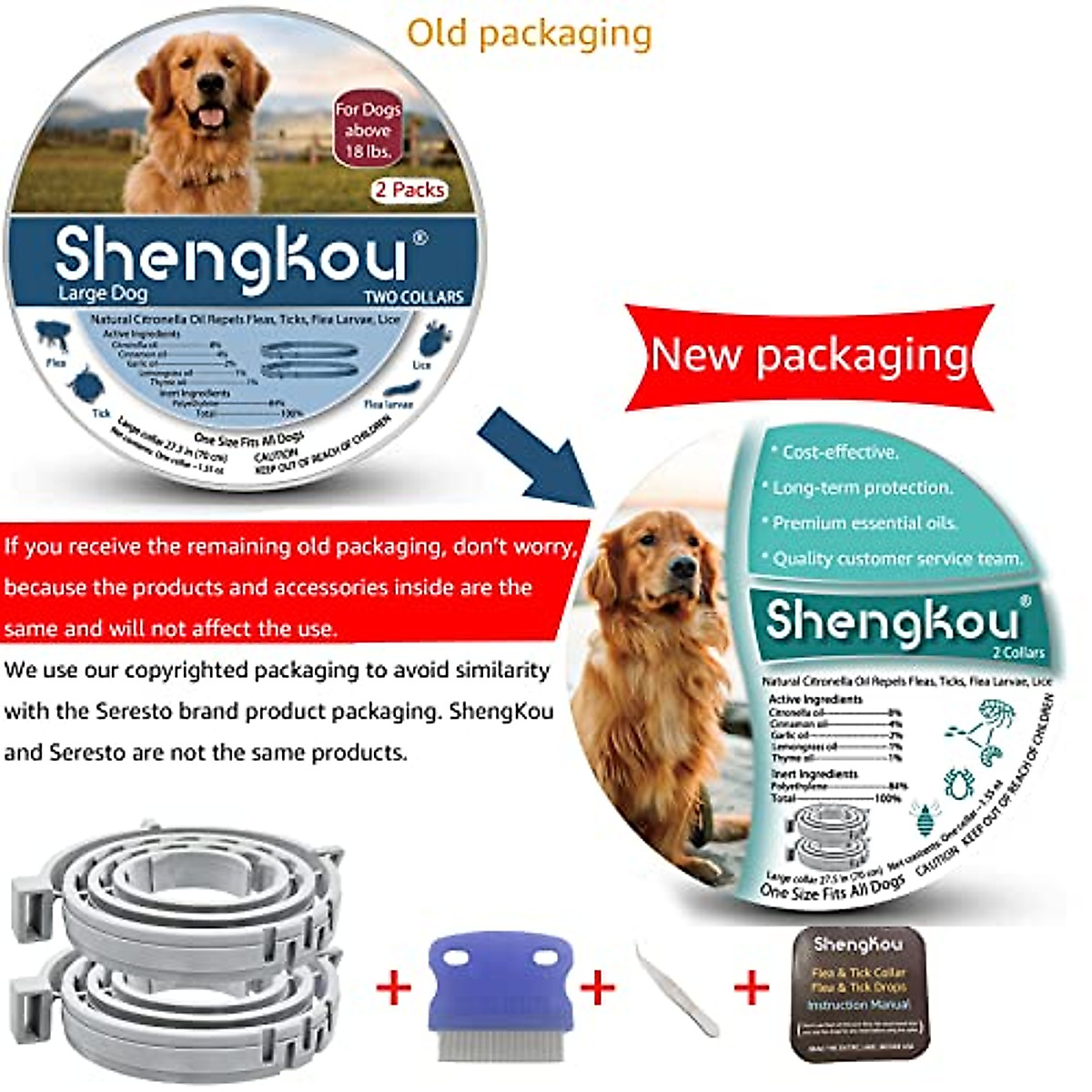 Flea and Tick Collar for Large Dogs - Natural Prevention, Control, and Treatment with Waterproof and Safe Ingredients - Includes Free Comb and 2-Pack (27.5 inches)