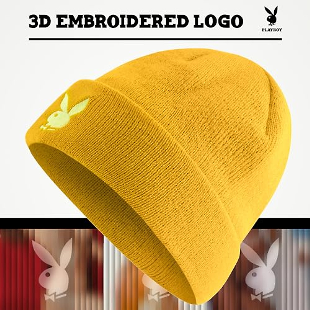 Concept One Playboy Beanie Hat, Cuffed Knit Winter Cap with Logo, Taupe