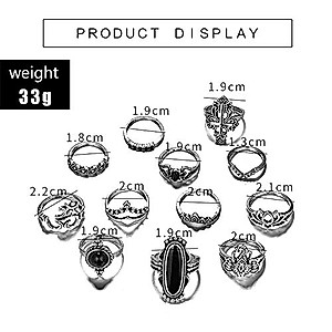 Missgrace Bohemian Vintage Silver Black Stone Knuckle Ring Set Vintage Carving Elephant Cross Boho Stackable Rings for Women 12Pcs (Style 1)
