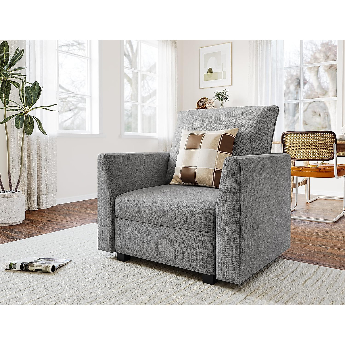IDEALHOUSE Modular Sectional Accent Chair with Storage Seat, Linen Fabric Modern Sofa Chair with Strong Wood Frame, Upholstered Armchair with Reading Chair for Living Room Small Spaces, Grey