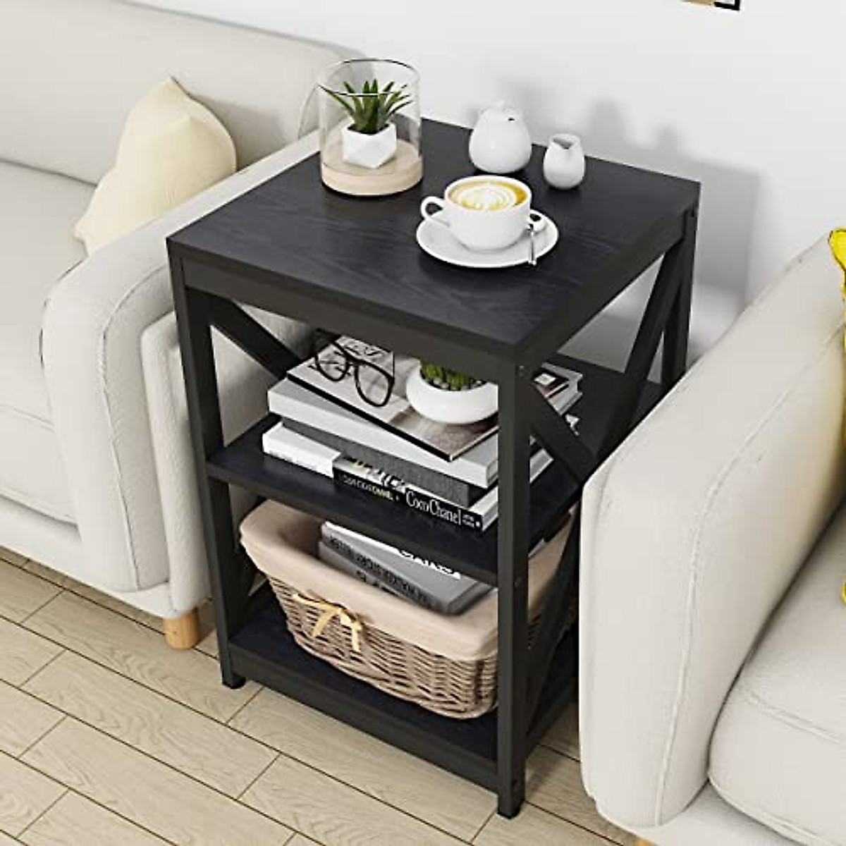 Bigbiglife Living Room Table Set of 3, Industrial X-Design Coffee Table with 2 End Side Tables, Modern 3 Pieces Coffee Table Set with Metal Frame for Apartment Home Office, Easy to Assemble, Black