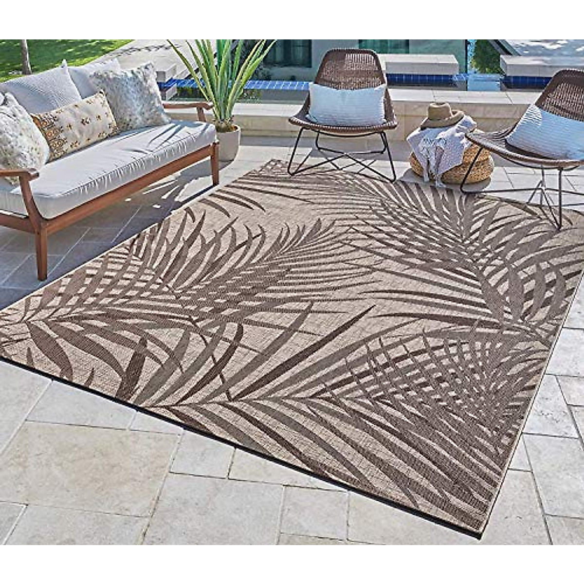 Gertmenian Indoor Outdoor Area Rug, Classic Flatweave, Washable, Stain & UV Resistant Carpet, Deck, Patio, Poolside & Mudroom, 5x7 Ft Standard, Royal Palm Leaf, Tan