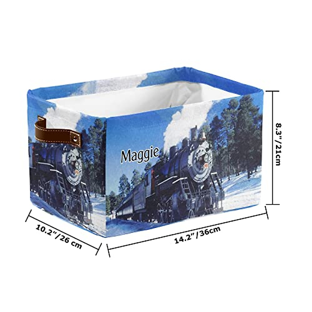 Personalized Snowy Day Train Storage Bin with Name Waterproof Canvas Organizer Bin with Handles for Gift Baskets Book Bag (1 Pack)