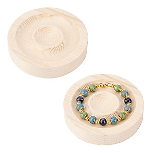 FINGERINSPIRE 2PCS Round Wood Bracelet Display Holder (3.7x0.8 inch) Wheat Color Jewelry Tray Flat Bracelet Display Stand Ring Holder, Retail Jewelry Shop Display Riser for Bracelets and Small Trinket