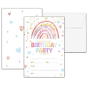 Chuxvon Birthday Party Invitations, Rainbow Heart Birthday Invitations, Double-Sided Fill In Birthday Invites, Birthday Party Favors Decorations Supplies, 20 Cards With 20 Envelopes(Invite-A01)