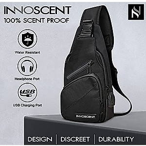 INNOSCENT Smell Proof Sling Bag Backpack - COMBINATION LOCK - Shoulder Crossbody Bag With USB/Headphone Charging Port Black (Black)