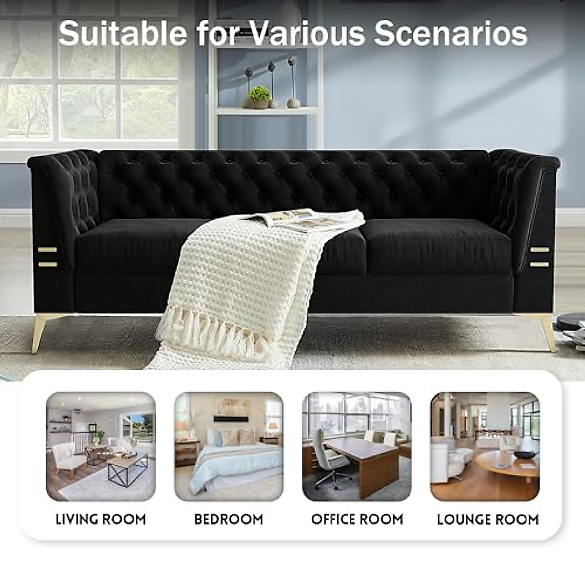 LaiBiKe Mid Century Velvet Couches 83" 2 Seater Living Room Sofa Comfortable Black Couch Solid Wood Frame Metal Legs for Guest Room Playroom Bedroom(03-Black-83)