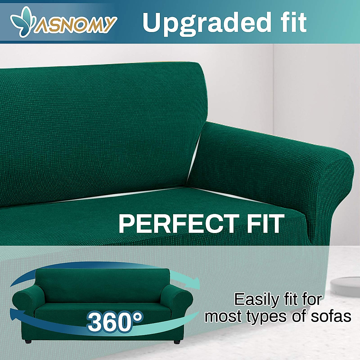 Asnomy Couch Covers for 3 Cushion Couch Stretch Sofa Covers Slipcovers, Pet Protector Furniture Covers for Dogs Cats Spandex Jacquard Fabric Small Checks （Large，Blackish Green）