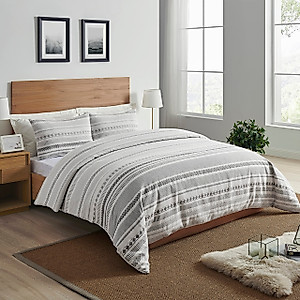 Sweet JoJo Designs Boho Black and Grey Cotton Woven Jacquard Modern Duvet Comforter Cover and Sham 3 pc. Full Queen Size Bed Bedding Set Farmhouse Patterned Ivory Bohemian Geometric Textured Neutral