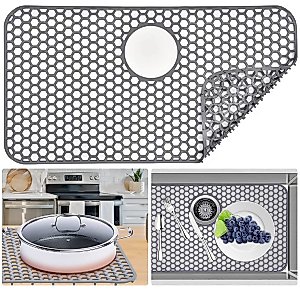 Eqivei Silicone Sink Protectors for Kitchen, 26''x 14'' Heat Resistant Kitchen Sink Mat for Bottom of Stainless Steel/Porcelain Sink,Rear Drain, No-Slip Sink Grid Accessories