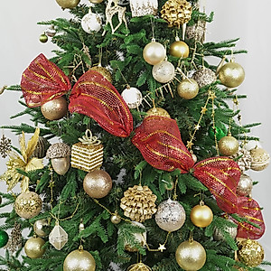 MEEDEE 10 Inch Mesh Ribbon Red and Gold Christmas Deco Mesh Metallic Red Mesh Ribbon with Metallic Gold Stripes 10 Yards Christmas Mesh for Wreaths Christmas Mesh Ribbon for Christmas Tree