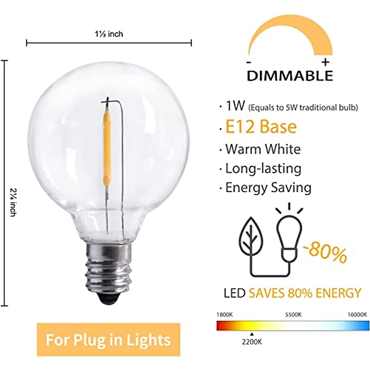 G40 Led Replacement Light Bulbs 1W Shatterproof Globe Bulb Fits E12 or C7 Candelabra Screw Base Sockets, 1.5 Inch Dimmable Light Bulbs for Indoor Outdoor Patio Decor, 2200K, Warm White, 25 Pack