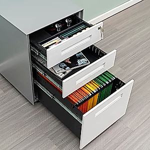 3-Drawer Mobile File Cabinet with Lock, Office Storage Filing Cabinet for Legal/Letter Size, Pre-Assembled Metal File Cabinet Except Wheels Under Desk (White+Gray)