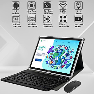 HD Tablet with Keyboard, Android 11.0 2 in 1 Tablets, 10.1 inch, 4GB RAM 64GB ROM 256GB Expandable, Octa-Core Processor, WiFi, GPS, Bluetooth, Google Certified Tablet PC