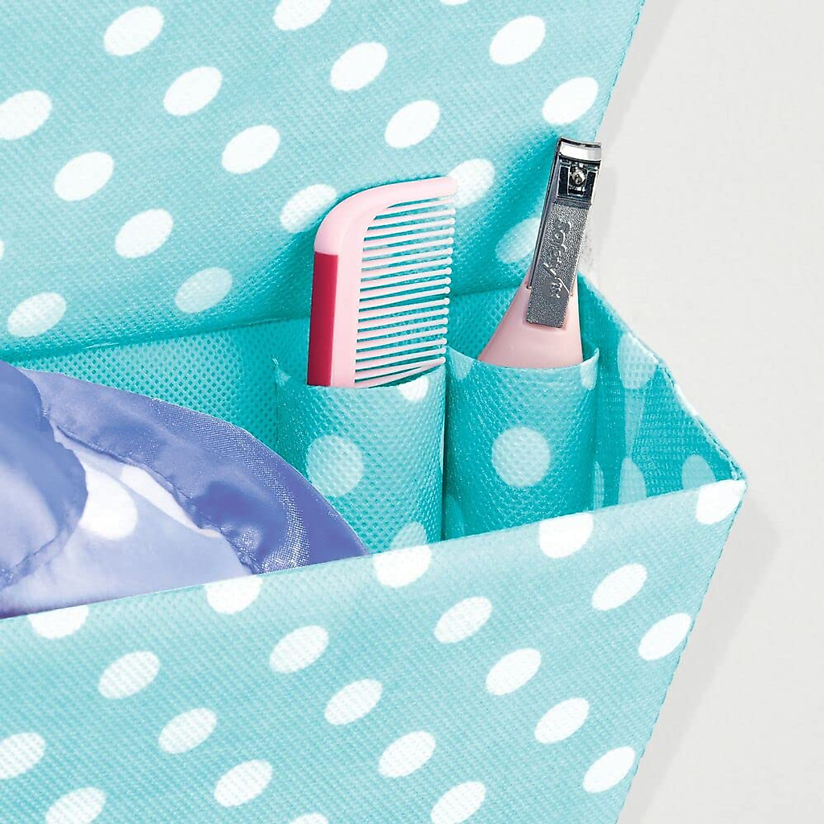mDesign Soft Fabric Wall Mount/Over Door Vertical Hanging Storage Organizer Center - 4 Large Pockets for Baby Child/Kids Bedroom, Nursery, Playroom, Closet - Polka Dot Print - Turquoise Blue/White