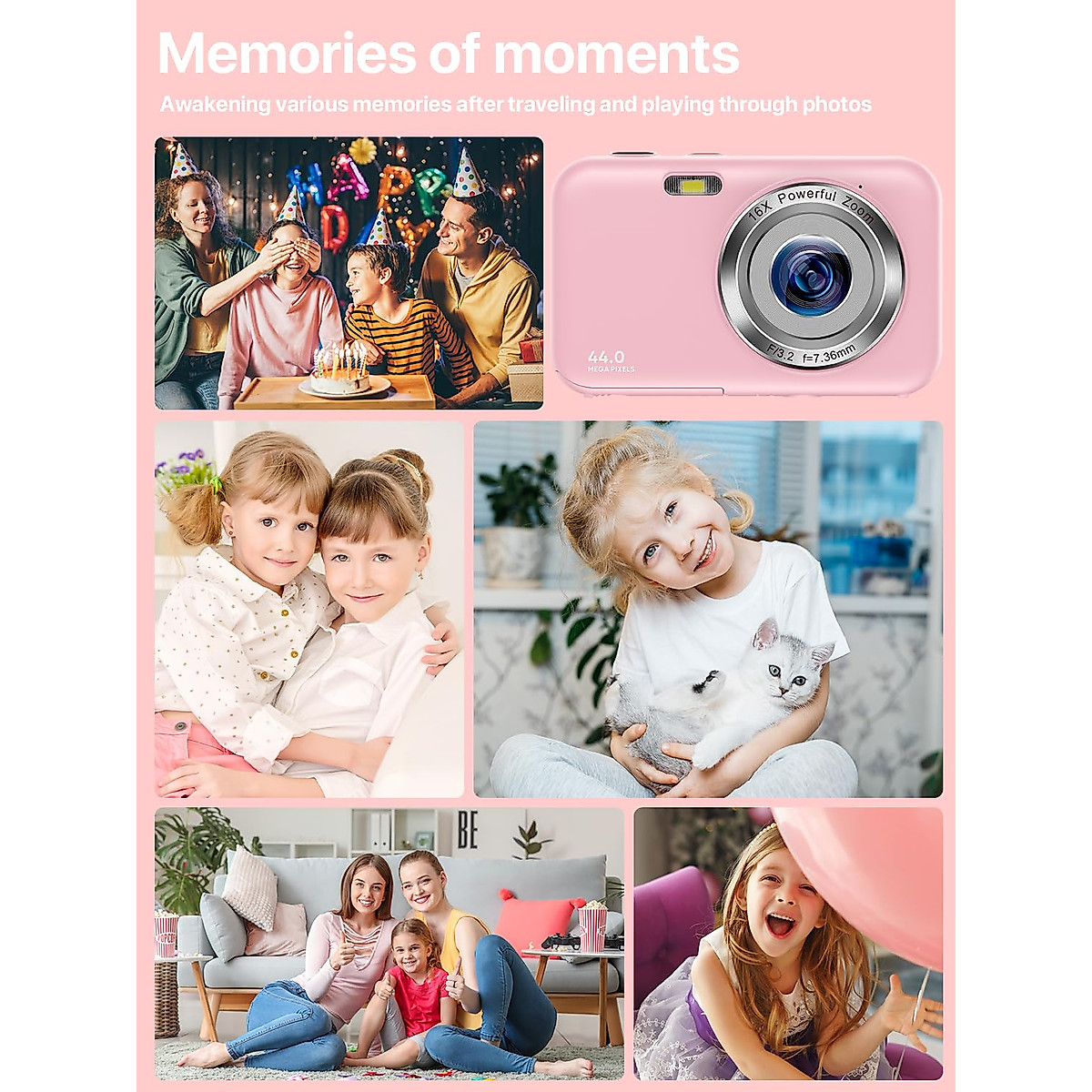 Digital Camera, FHD 1080P Kids Camera with 32GB SD Card 16X Digital Zoom Portable Small Camera, Compact Point and Shoot Camera Mini Digital Camera for Teens Kids Boys Girls Students Seniors - Pink