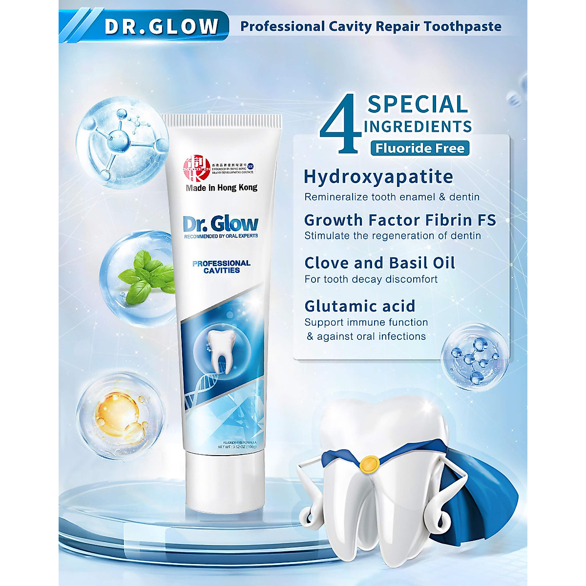 Dr. Glow Adult Cavity Repair Toothpaste, Hydroxyapatite Toothpaste Fluoride Free, Home Cavity Repair Remineralizing Toothpaste for Enamel Repair, Tooth Decay Repair Toothpaste for Stain Removal 2Tubes