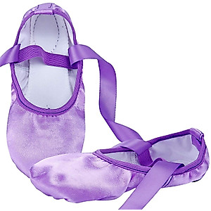 WENDYWU Girls Ballet Dance Shoes Purple Flat Slipper with Ribbon (Purple, 7M)