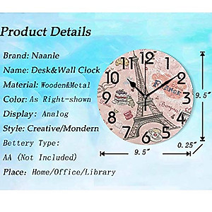 Naanle Franch Eiffel Tower Round Wall Clock, 9.5 Inch Battery Operated Quartz Analog Quiet Desk Clock for Home,Office,School,Cafe