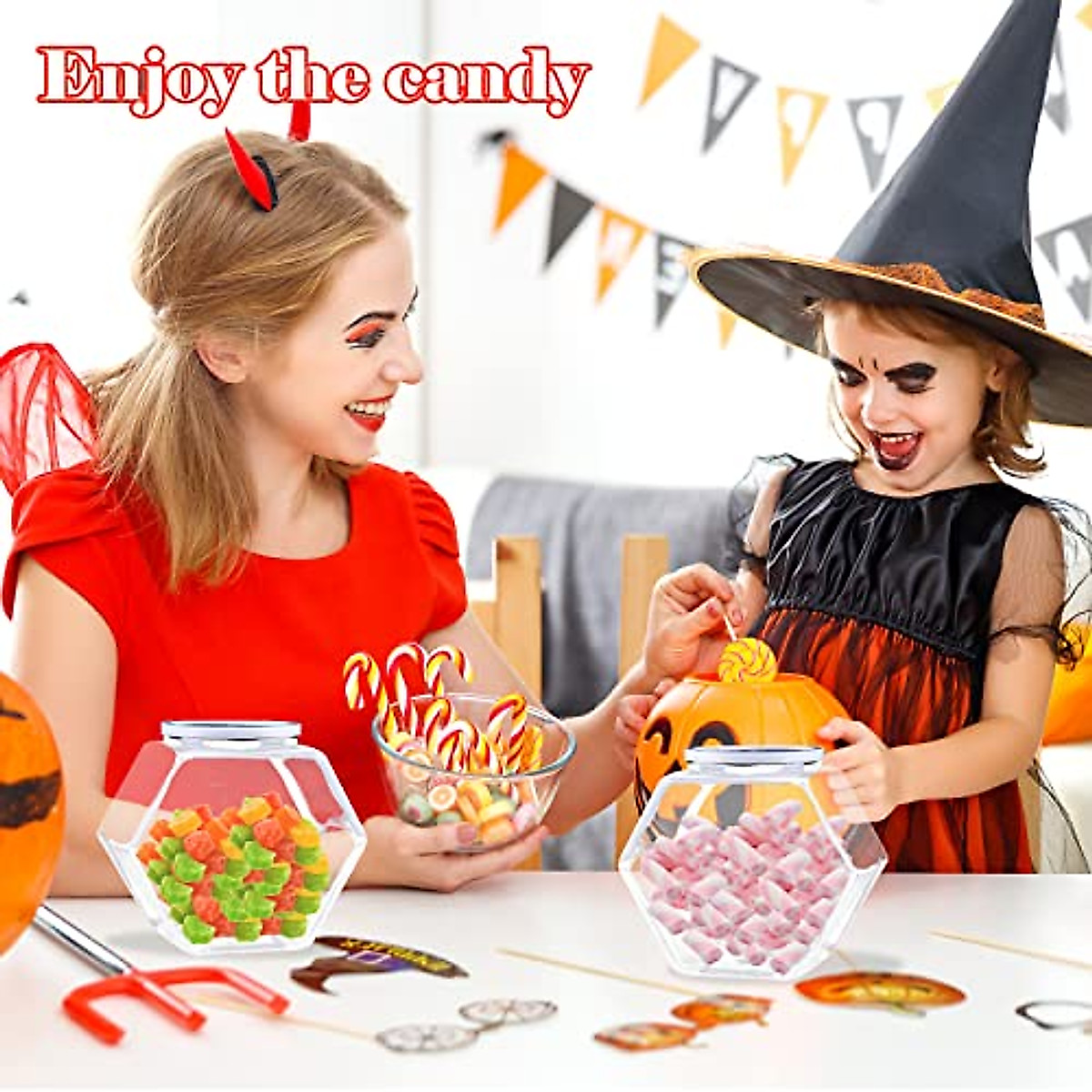 Merkaunis 12PCS Hexagon Plastic Jars Clear Candy Jar Plastic Cookie Jars with Airtight Lids Plastic Jar with Lid Wide Mouth Reusable Containers Bulk Coffee Candy Display for Gifts and Storage (30 oz)