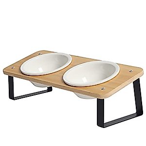 Elevated Cat Food Bowl, Ceramic Cat Bowls with Stand 15° Tilted Raised Cat Bowl for Food and Water Bamboo Cat Feeding Station Elevated Cat Bowl with 5.1 inch Diameter for Cats and Puppy (Ceramic Bowl)