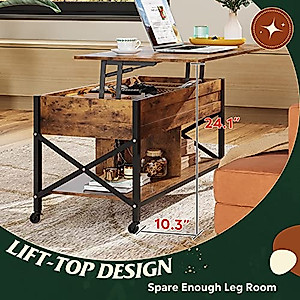 WLIVE Lift Top Coffee Table for Living Room,Coffee Table with Storage,Hidden Compartment and Metal Frame, Central Table with 4 Casters for Reception Room,Rustic Brown.