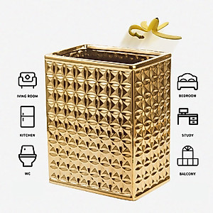 BASDHE Trash Can for Bathroom, Small Office Garbage Can for Kitchen, Slim Rectangular Waste Bin, Ceramic, Gold