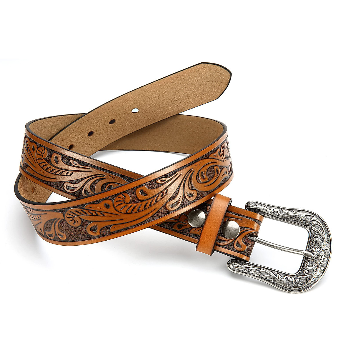 CR Western Belts for Women - 1.5" Leather Cowgirl Belt for Jeans Pant - Country Belts for Women with Big Vintage Buckle