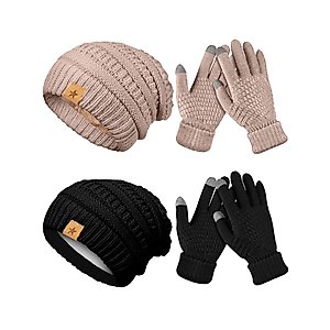 Suhine 4 Pcs Winter Hat and Gloves for Women Slouchy Beanie Hats Knitted Touchscreen Gloves Warm Winter Sets for Women Girls (Black, Caramel)