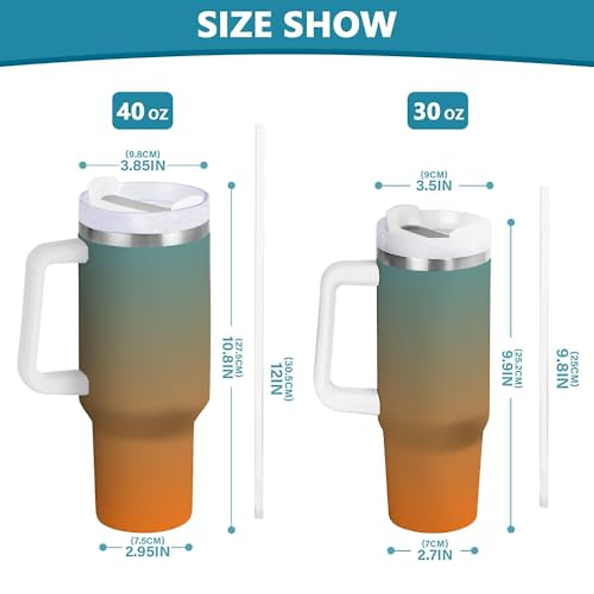 MCHIVER Teal Orange Gradient 40 oz Tumbler with Handle and Straw Stainless Steel Vacuum Water Bottle Leak-proof Travel Coffee Mug Insulated Cup for Car Home Office