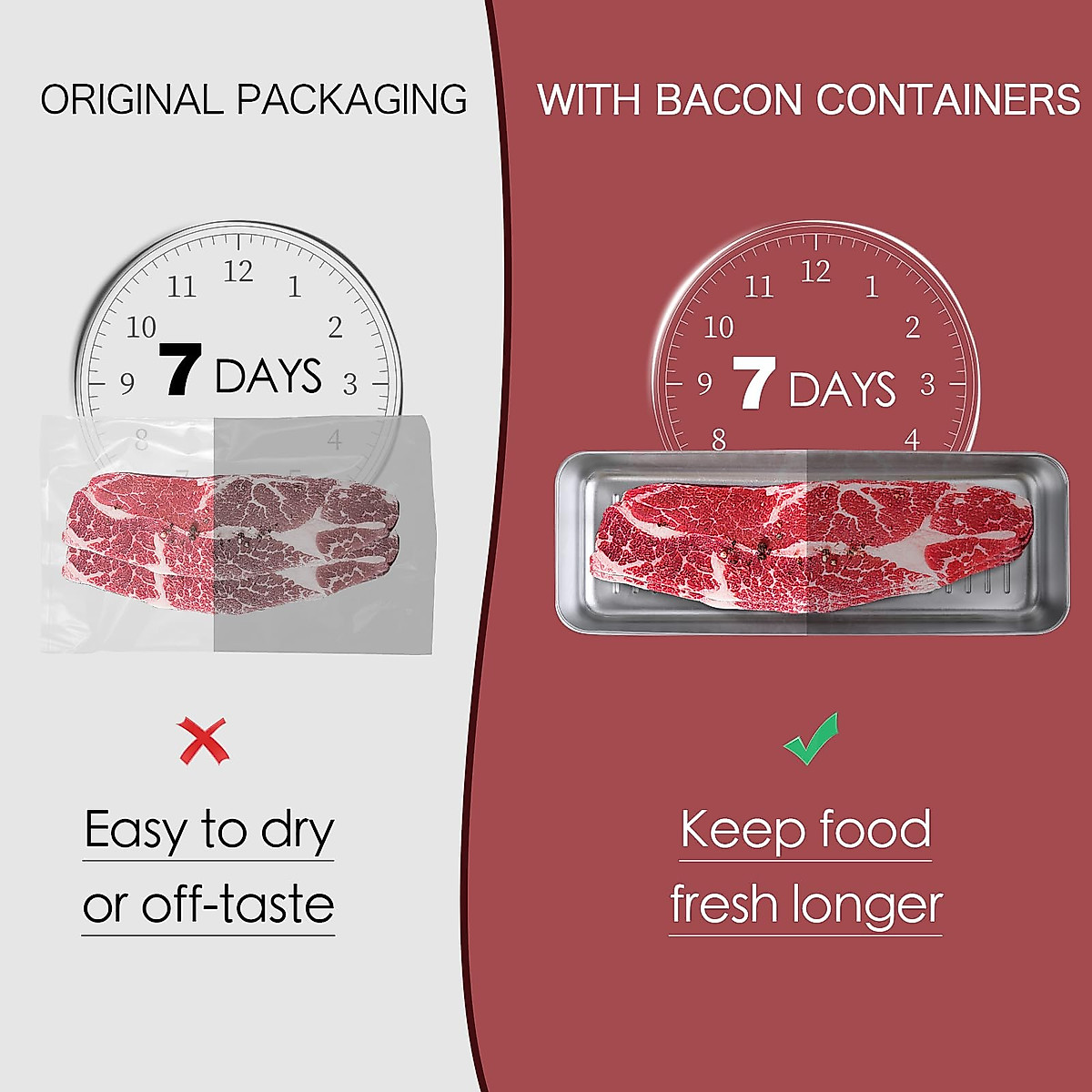 Maxracy Food Storage Container, 304 Stainless Steel Bacon Container for Refrigerator, Deli Meat Keeper Fridge Storage (1PCS Bacon Container- 34 FL OZ)
