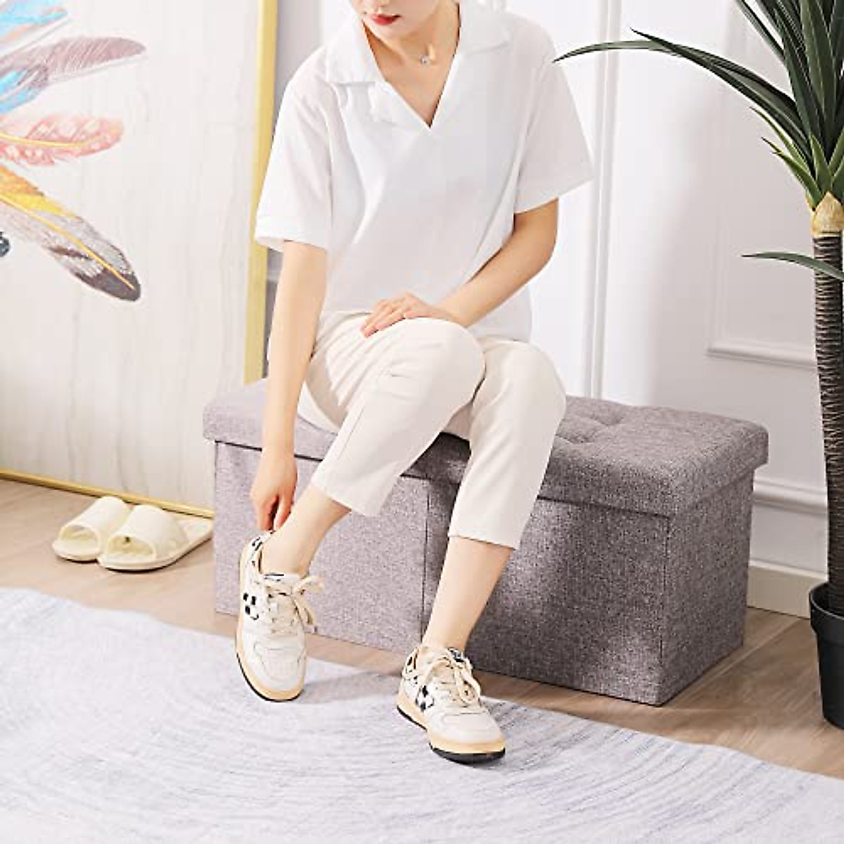 CUYOCA Storage Ottoman Bench Foldable Seat Footrest Shoe Bench End of Bed Storage with Flipping Lid, 75L Storage Space, 30 inches Linen Fabric Grey