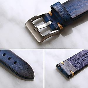 Berfine 20mm Retro Handmade Watch Band, Quick Release Vintage Leather Watch Strap Replacement,Blue