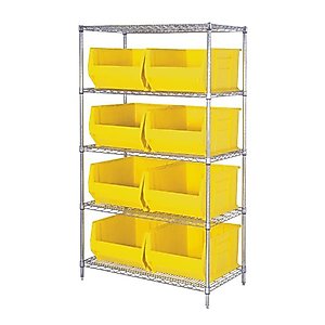 Quantum Storage Systems WR5-975YL 5-Tier Complete Wire Shelving System with 8 QUS975 Yellow Hulk Bins, Chrome Finish, 30" Width x 42" Length x 74" Height