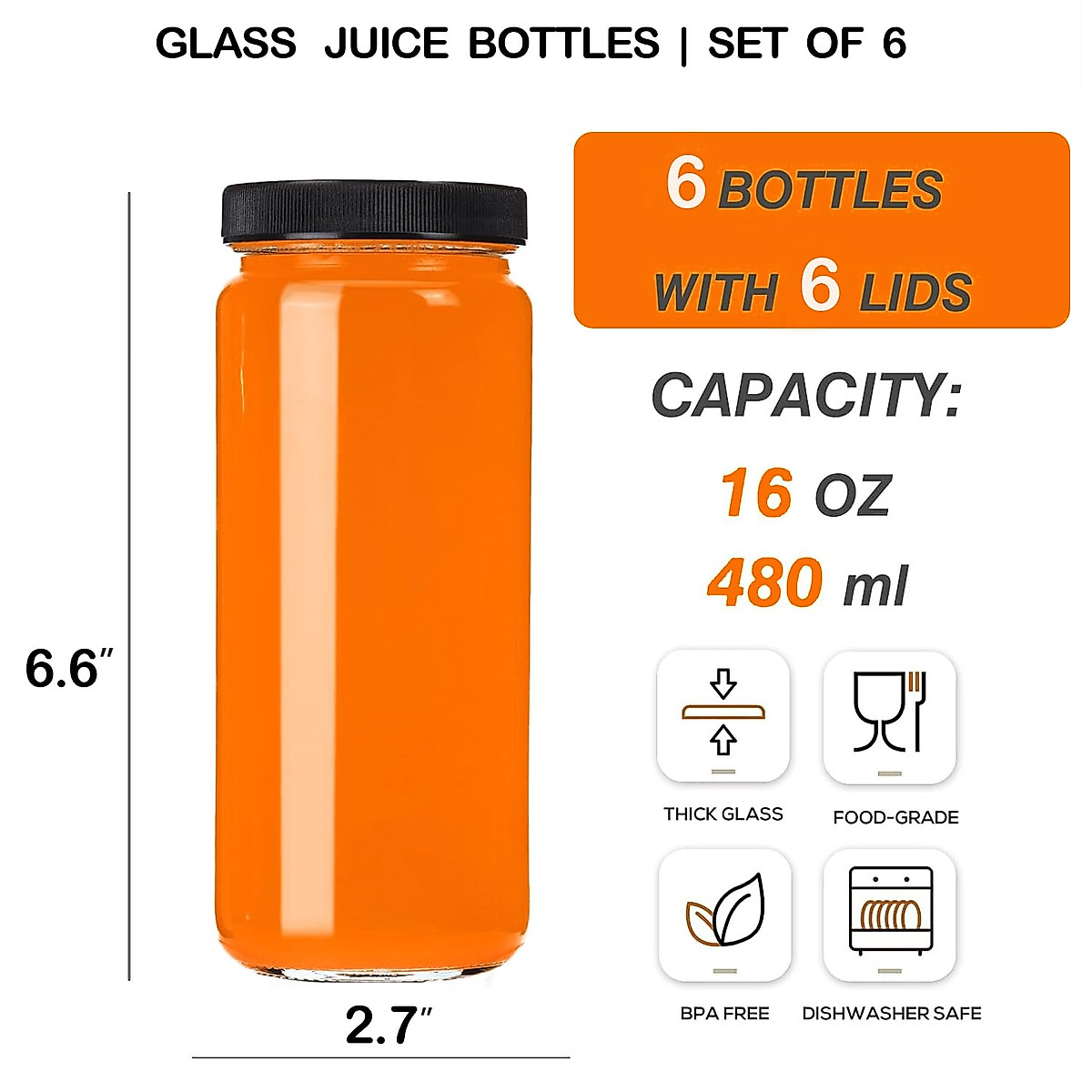 CLQLC Glass Juice Bottles with lids, 6 Pack with 2 Straws & 6 Lids with Hole- 16 oz Travel Drinking Jars,Juicing bottles Reusable Glass Mason Jar for Juice,Bubble Tea, Smoothie, Tea, Kombucha